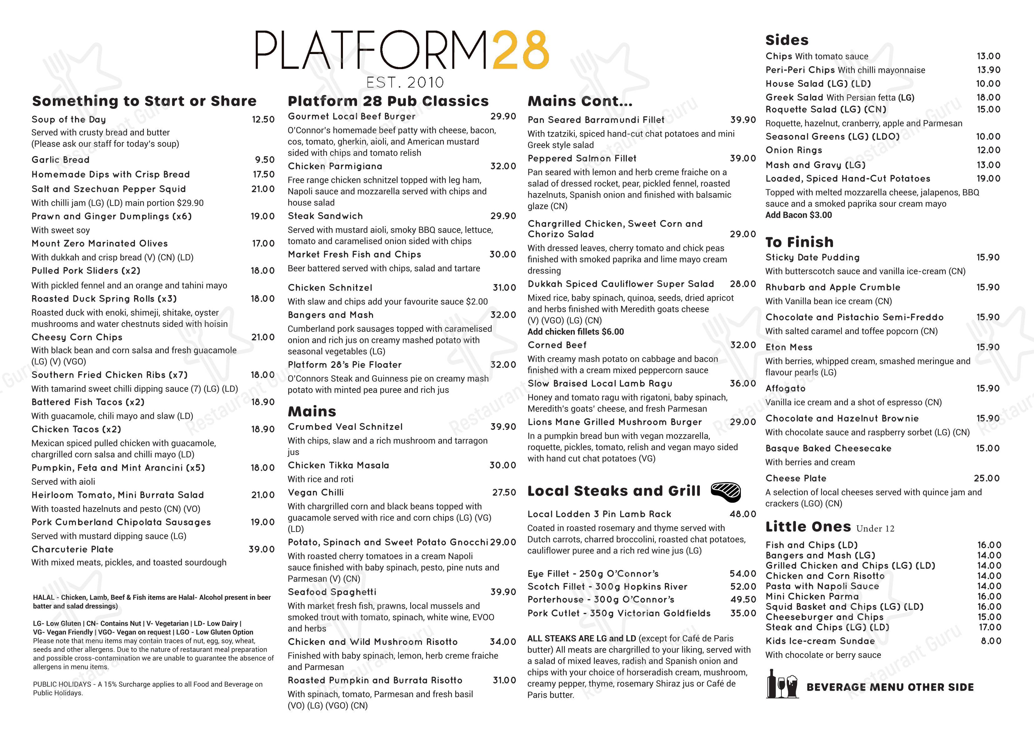 Menu at Platform 28 restaurant, Docklands