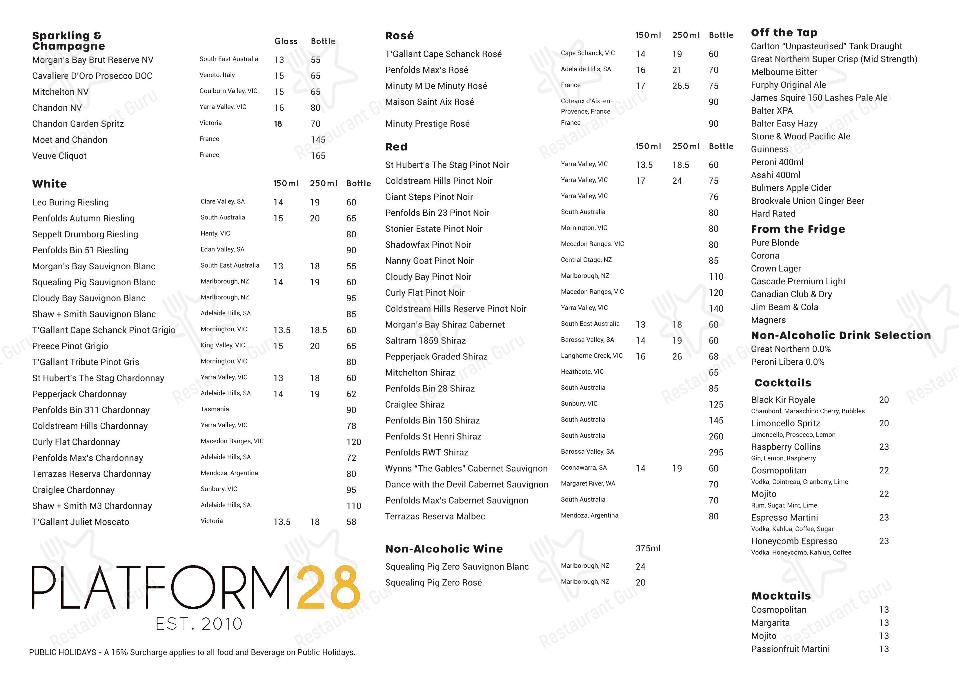 Menu at Platform 28 restaurant, Docklands