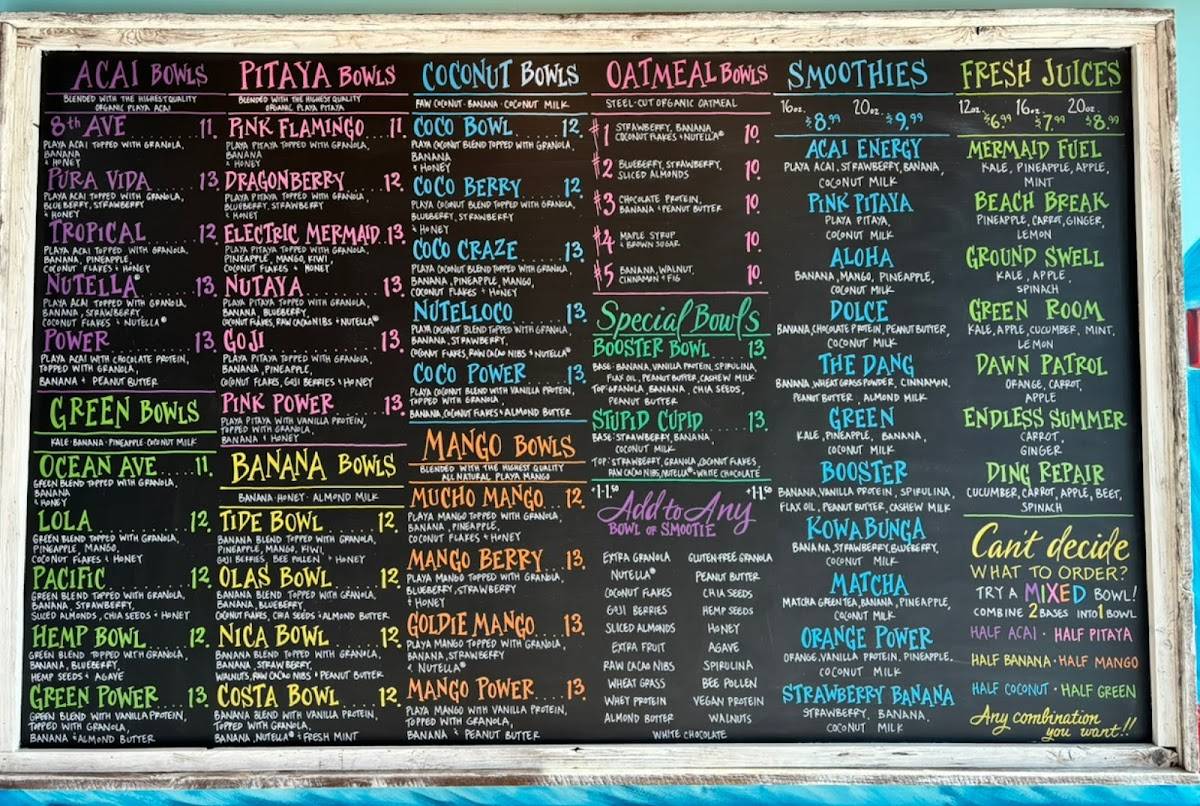 Menu at Playa Bowls restaurant, East Greenwich