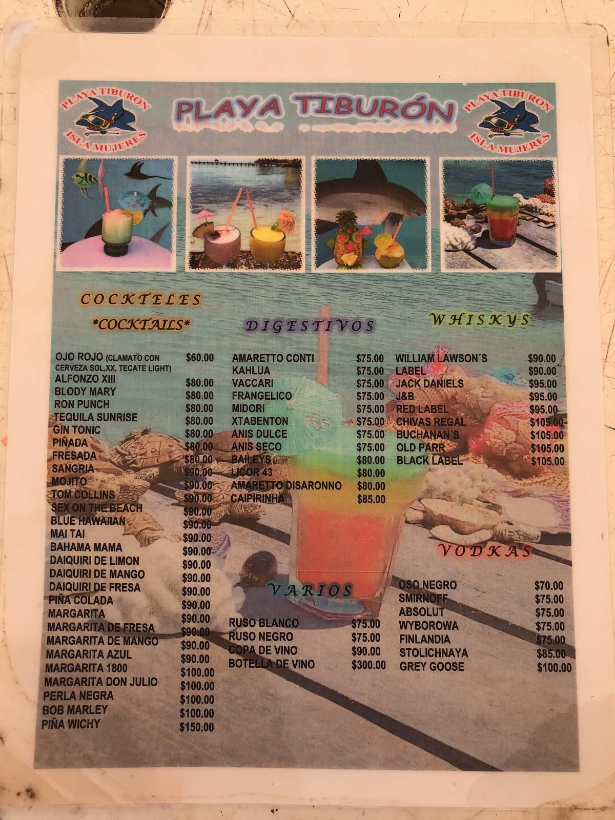 Menu at Playa Tiburon restaurant, Isla Mujeres