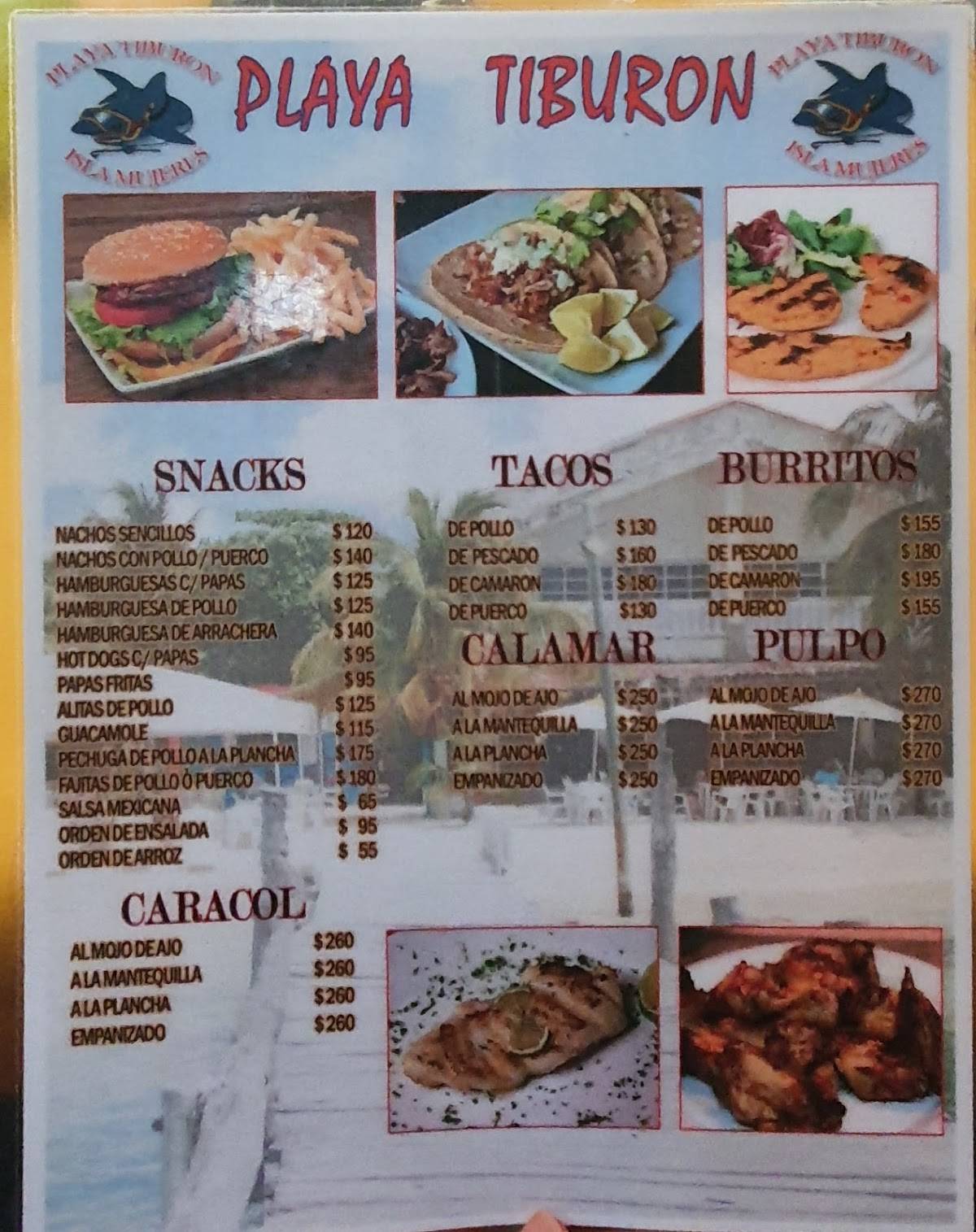 Menu at Playa Tiburon restaurant, Isla Mujeres