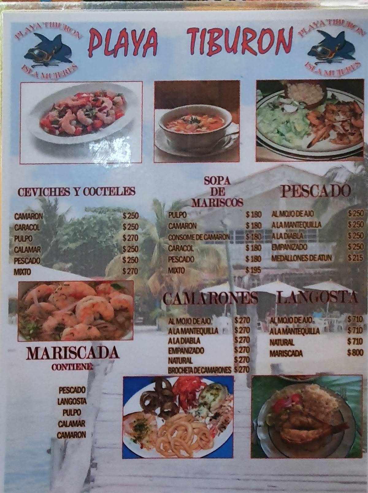 Menu at Playa Tiburon restaurant, Isla Mujeres