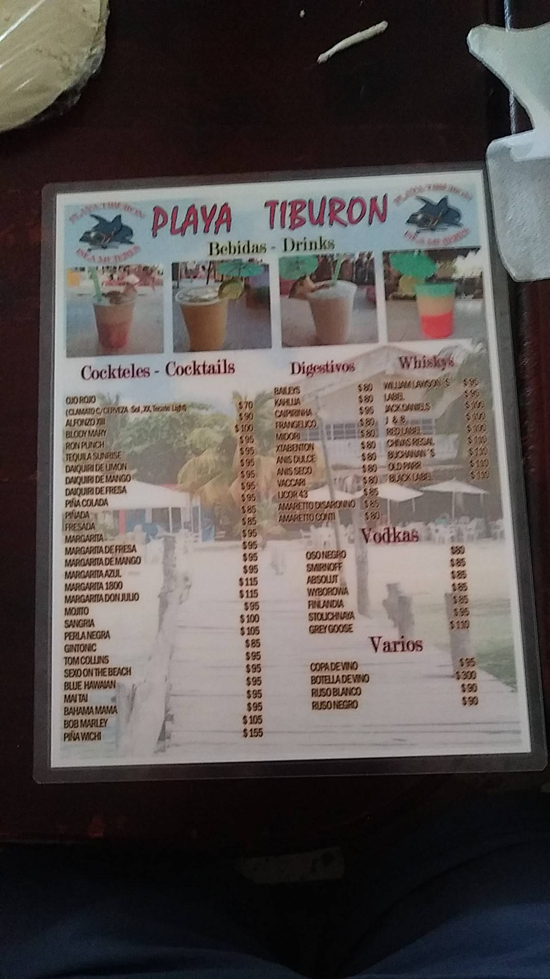 Menu at Playa Tiburon restaurant, Isla Mujeres