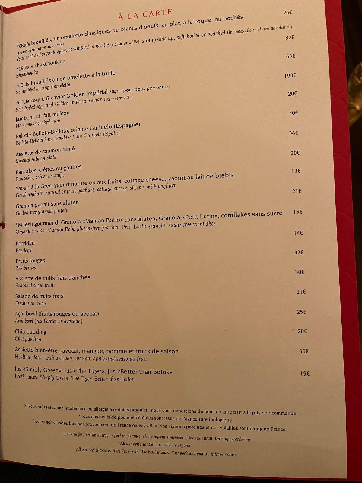 Menu au Bar Hôtel Plaza Athénée, Paris