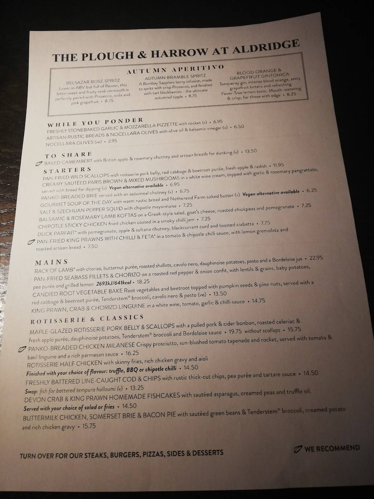 Menu at Plough & Harrow Aldridge pub & bar, Walsall, 770 Chester Rd
