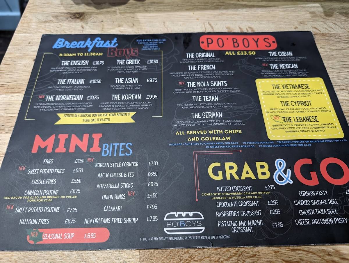 Menu at Po'Boys restaurant, Canterbury