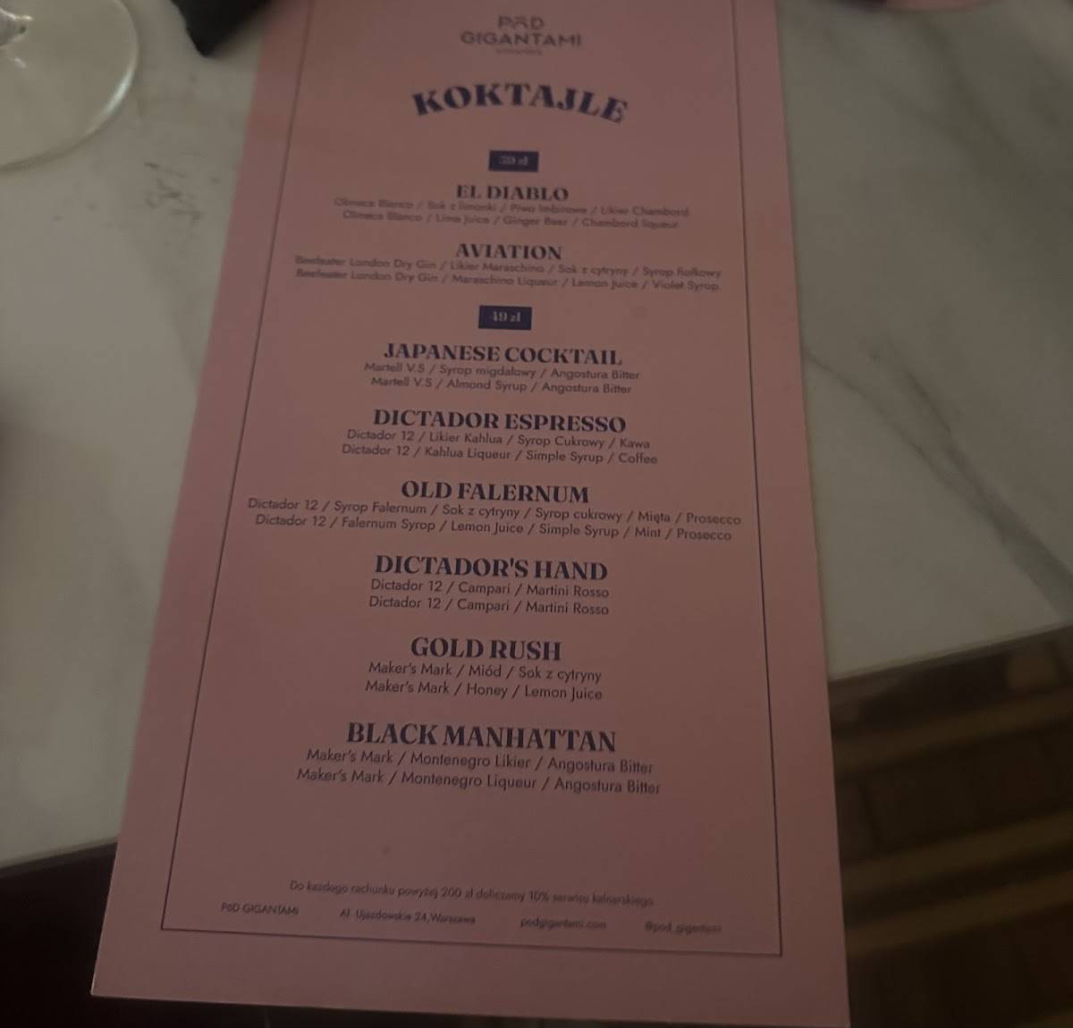 Menu at Pod Gigantami restaurant, Warsaw