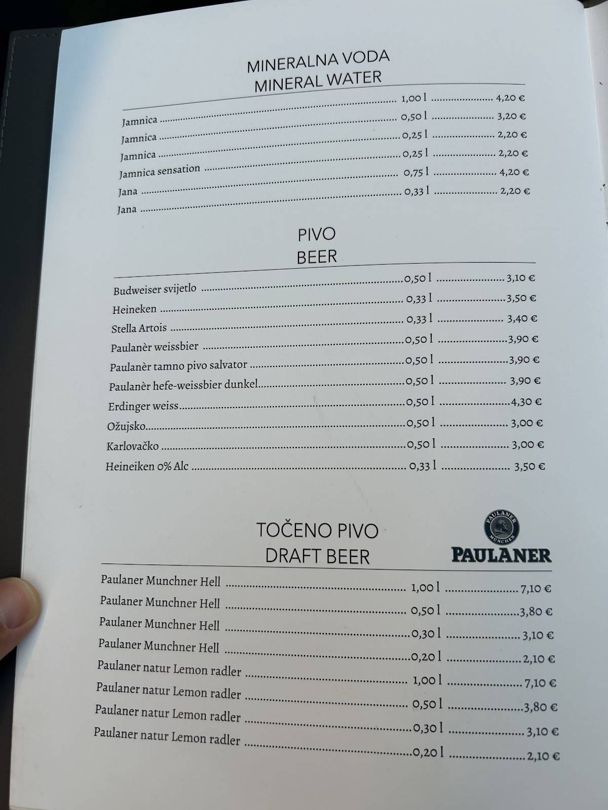 Menu at Pod Zvon restaurant, Novalja
