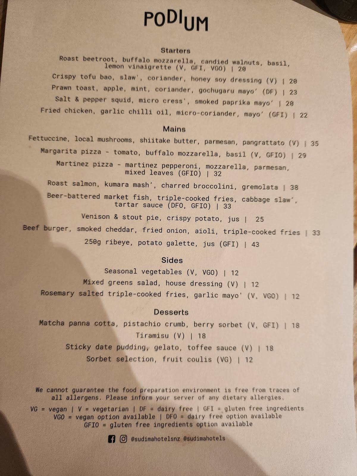 Menu at Podium restaurant, Queenstown