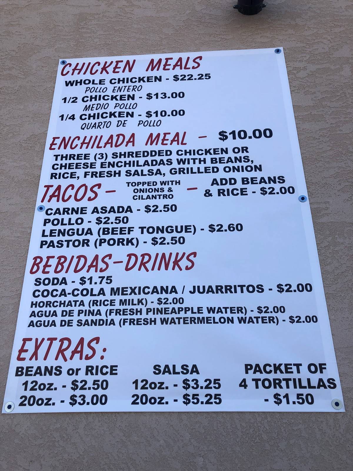 Menu at Pollo Asado restaurant, Grand Junction