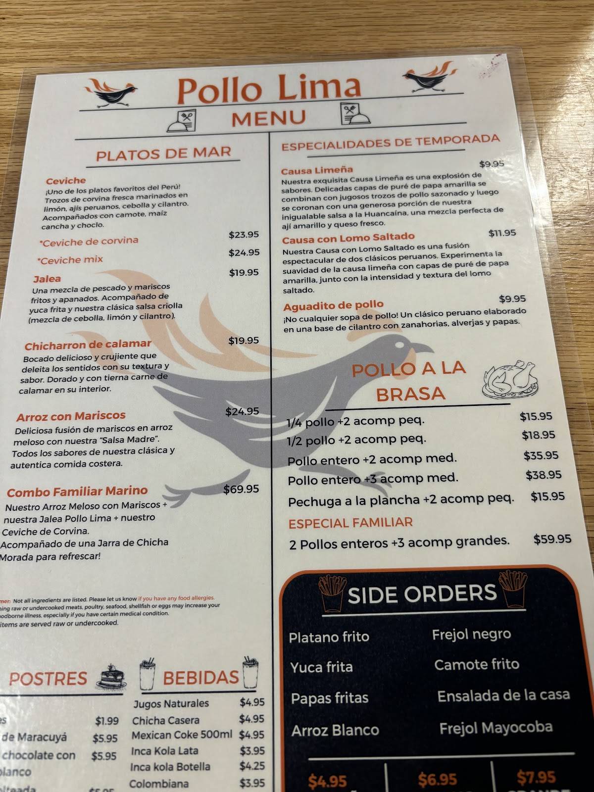 Carta del restaurante Pollo Lima, Greenwood Village