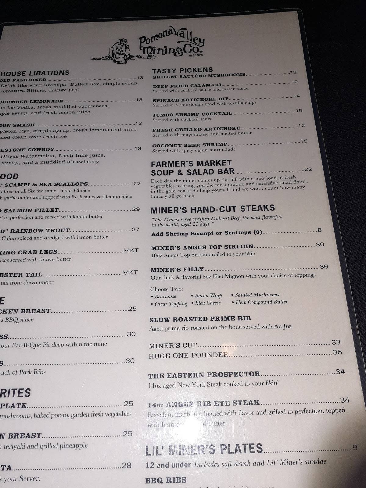 Menu at Pomona Valley Mining Co steakhouse, Pomona