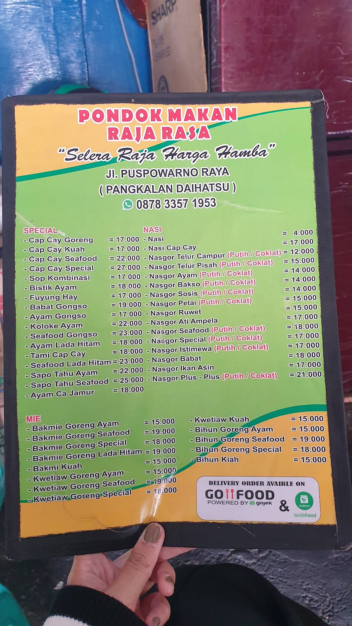 Carta de Pondok Makan Raja Rasa chinnese food dan indonesian food, Semarang