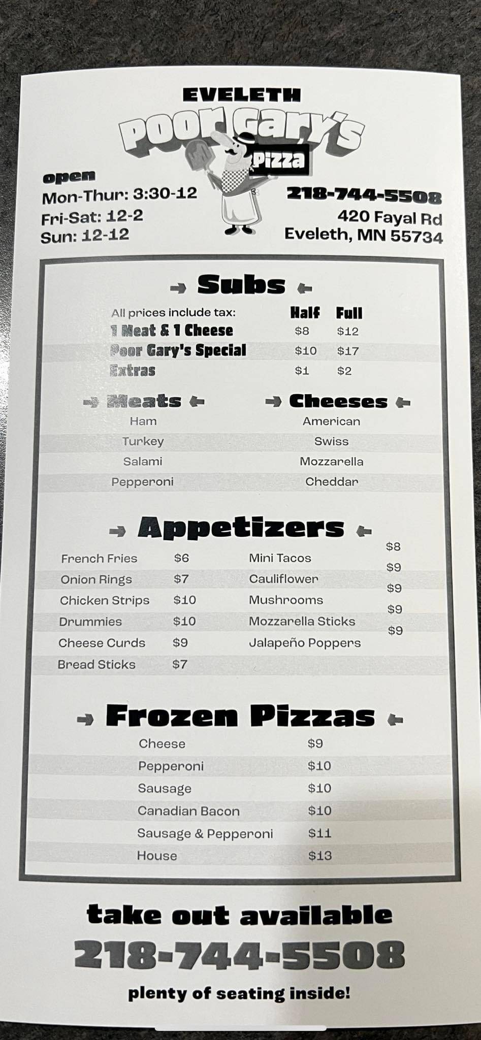 Menu at Poor Gary's Pizza Of Eveleth pizzeria, Eveleth