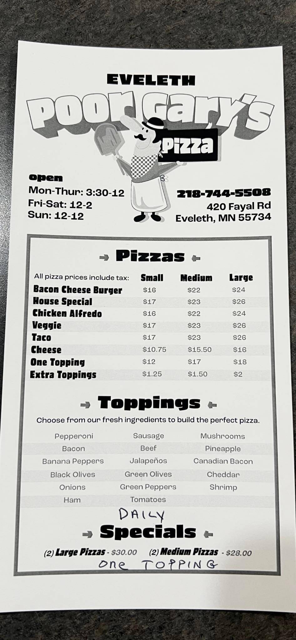 Menu at Poor Gary's Pizza Of Eveleth pizzeria, Eveleth