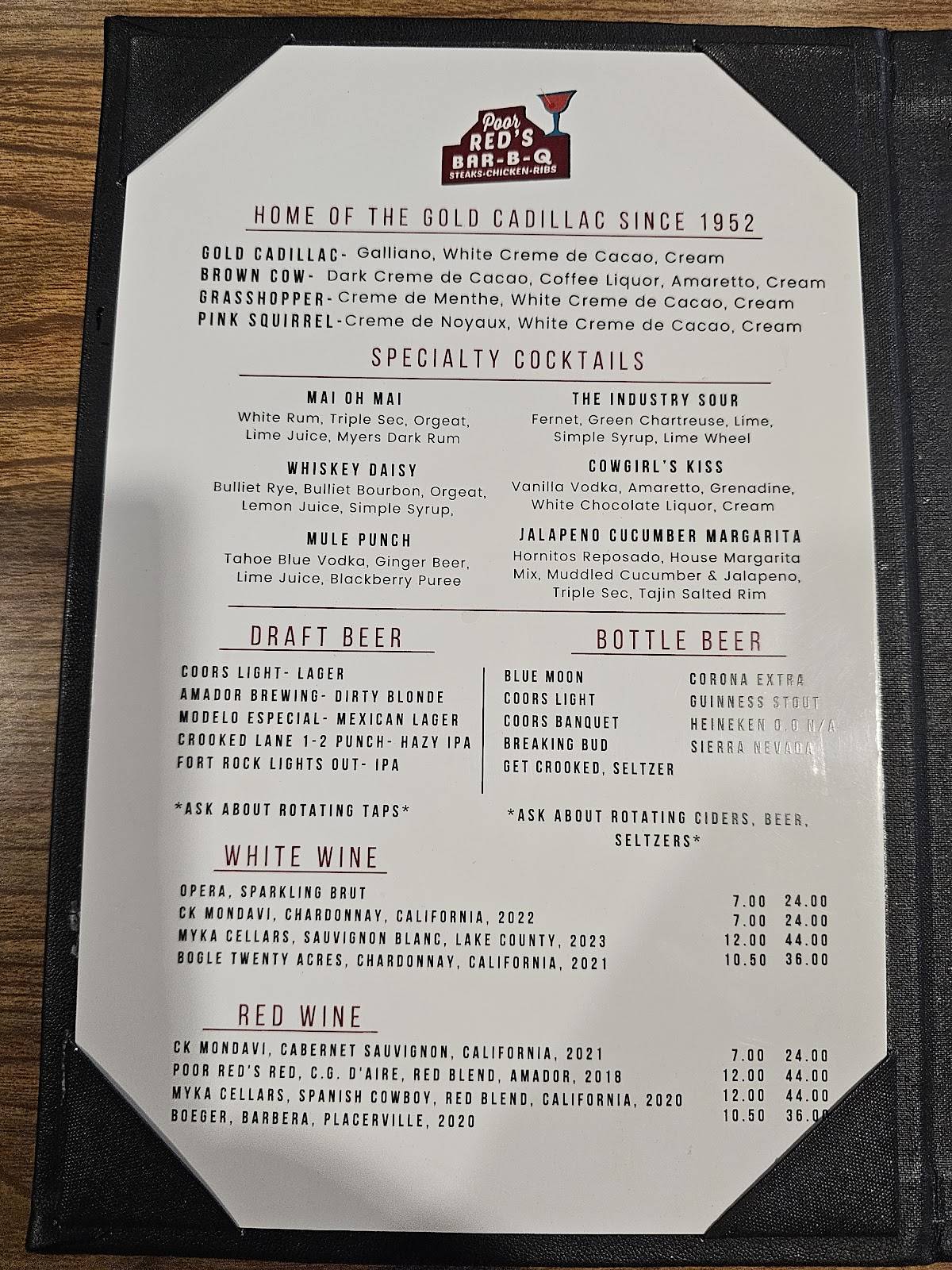 Menu at Poor Reds BBQ, Diamond Springs