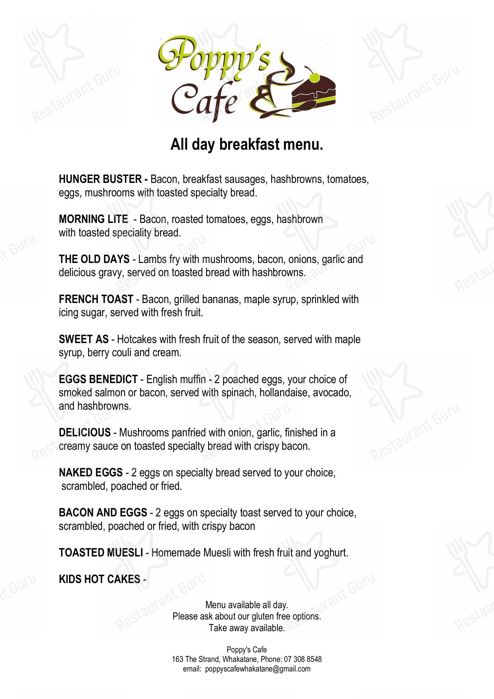 Menu at Poppys Cafe, Whakatane