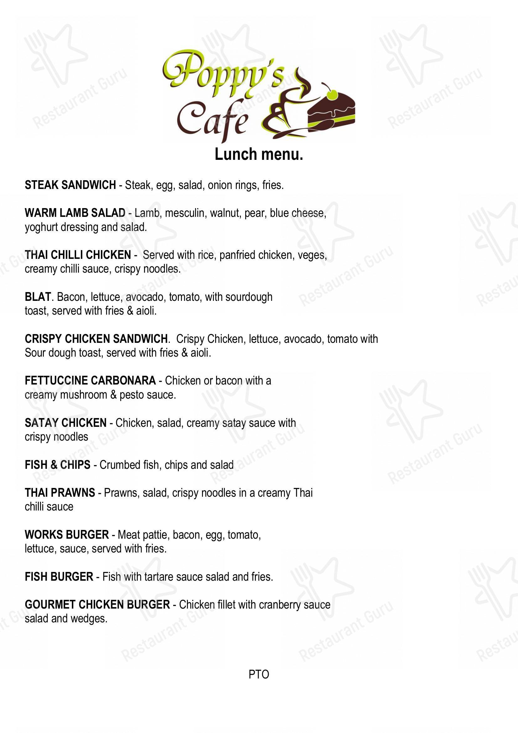 Menu at Poppys Cafe, Whakatane