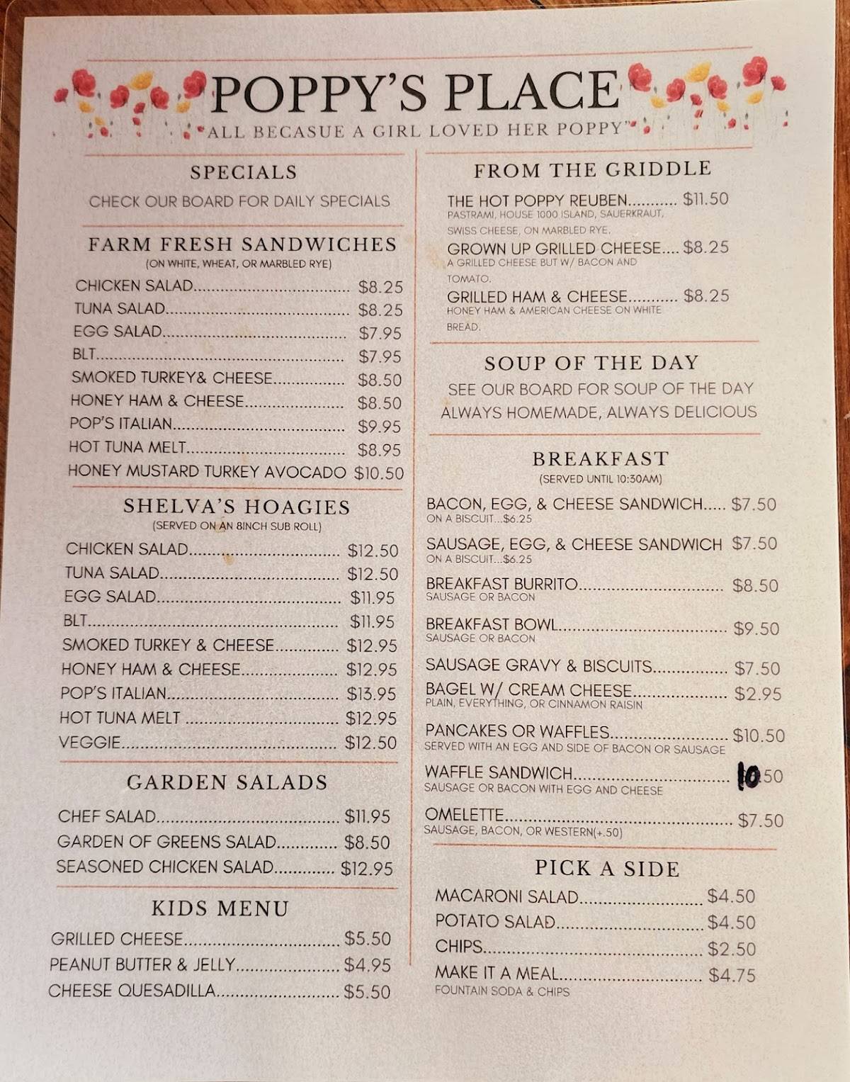 Menu at Poppy's Place pizzeria, Front Royal