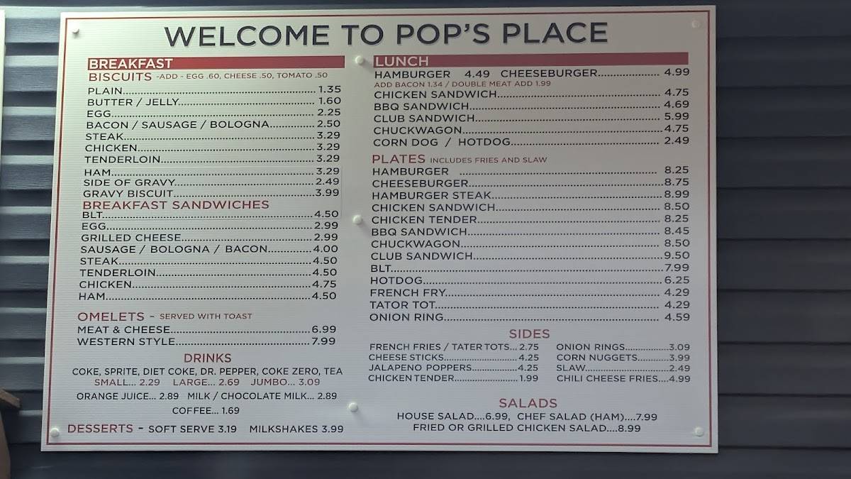 Menu at Pops Place restaurant, Chatsworth