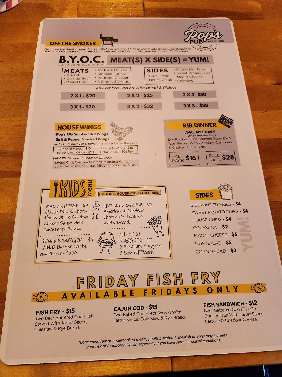 Menu at Pop's Pub on Pioneer, Muskego
