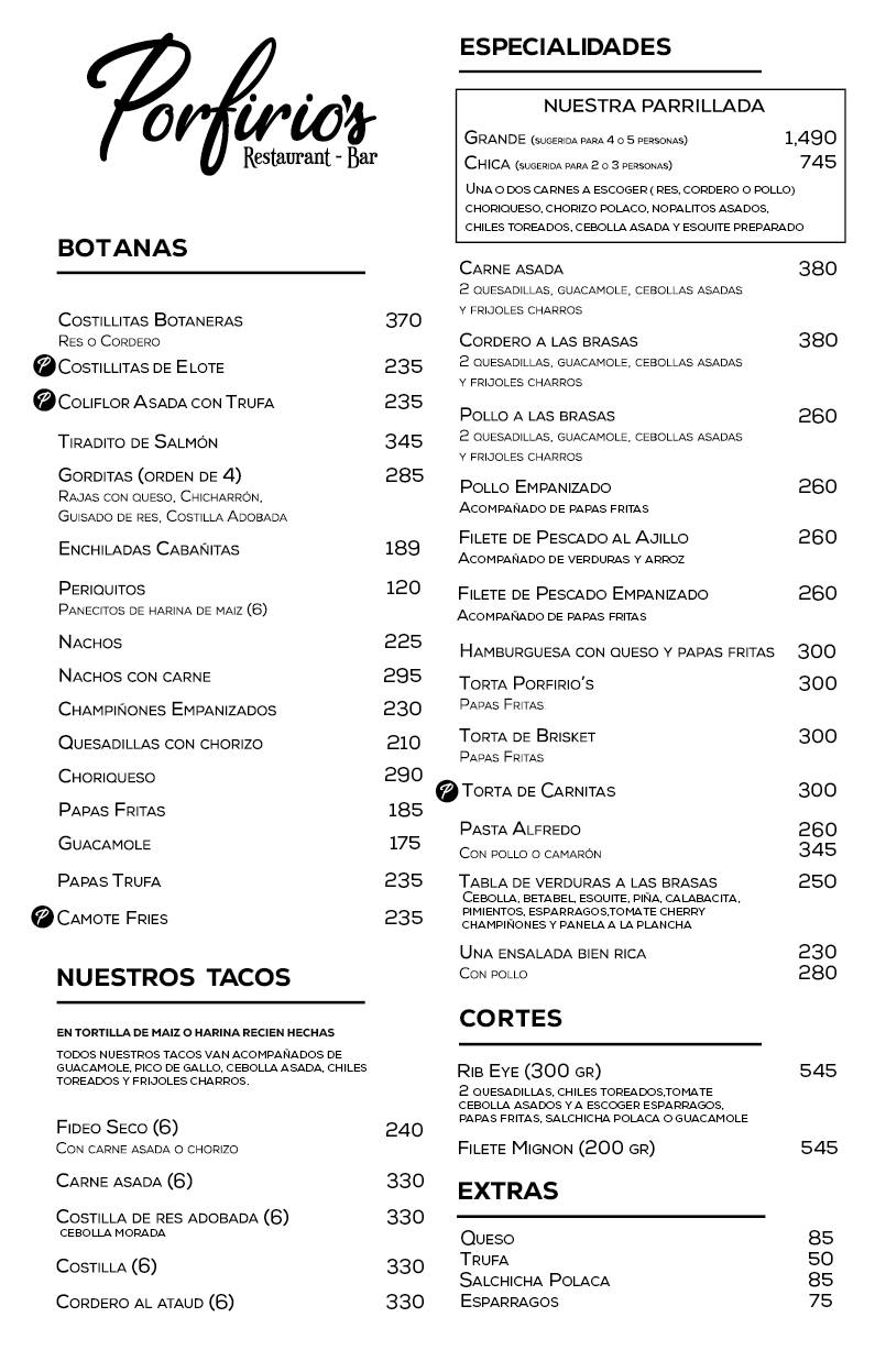 Меню Porfirio's Restaurant - Bar, Пьедрас Неграс