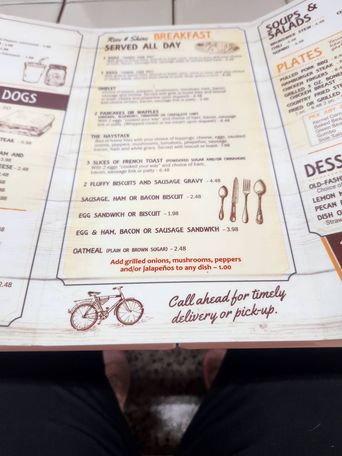 Menu at Porky Barn, Geneva