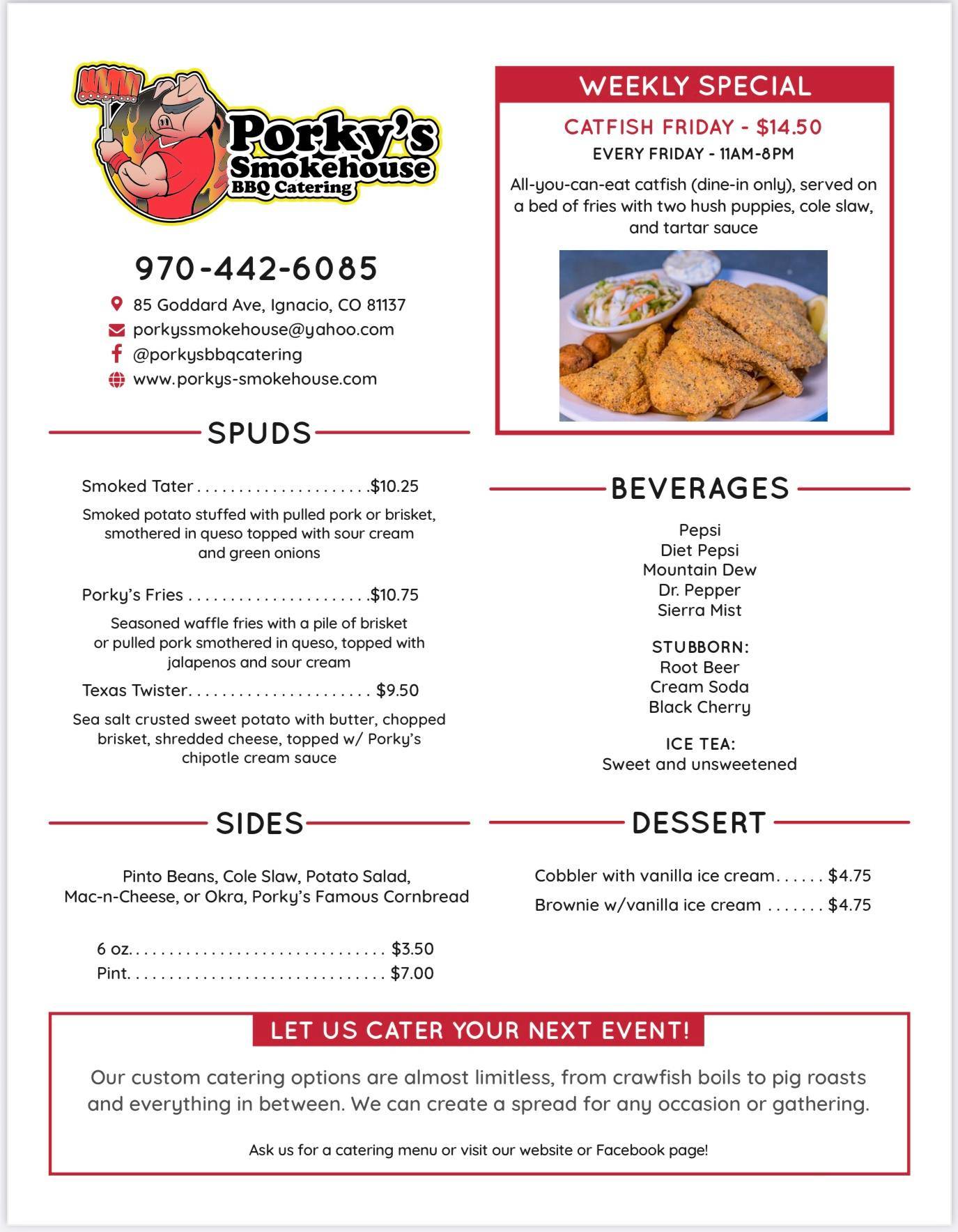 Menu at Porky's Smokehouse restaurant, Durango
