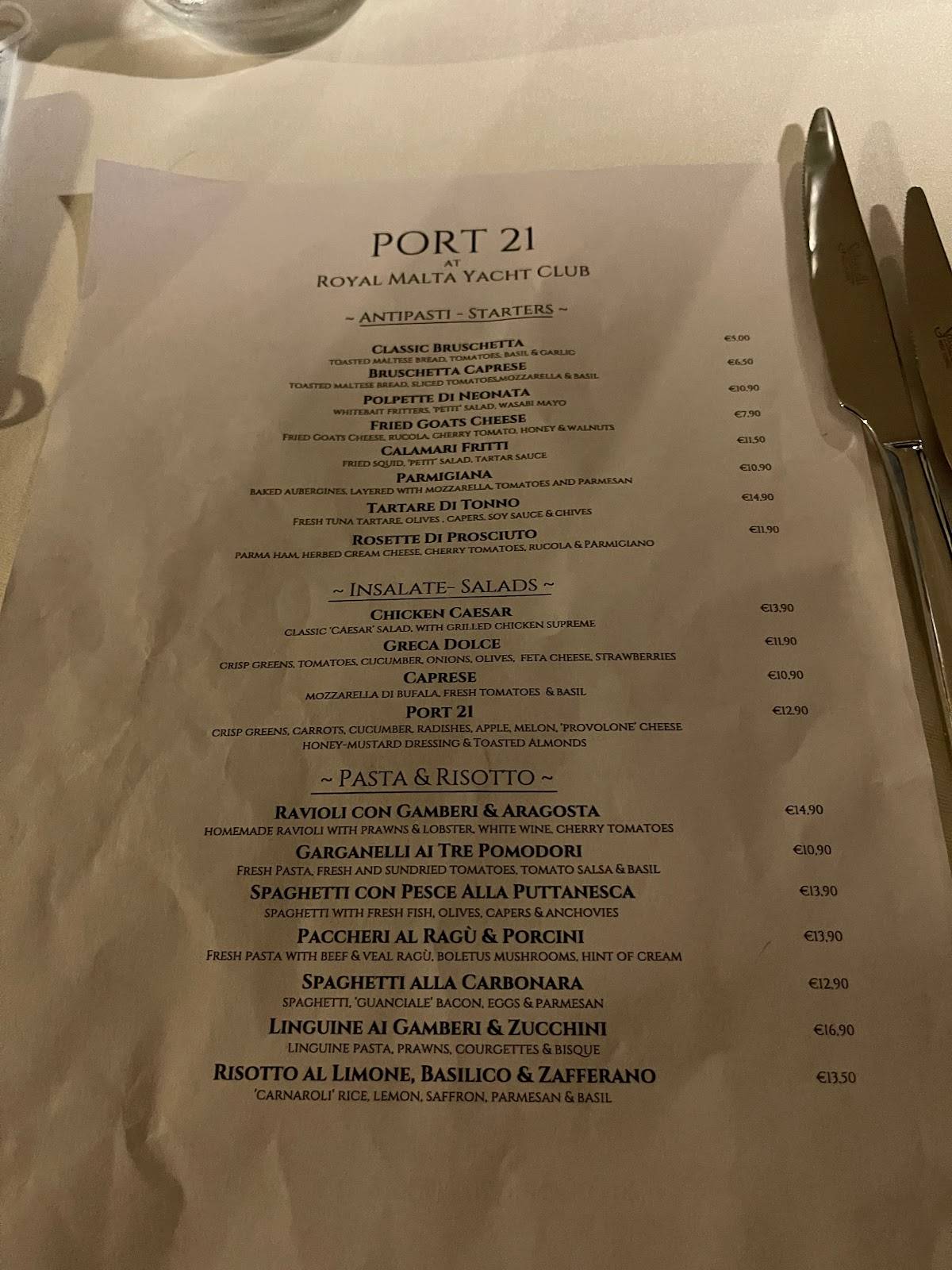 Menu at Port 21 Restaurant, Ta' Xbiex