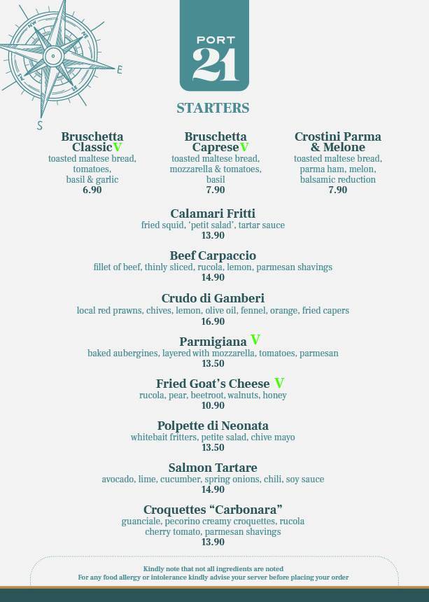 Menu at Port 21 Restaurant, Ta' Xbiex
