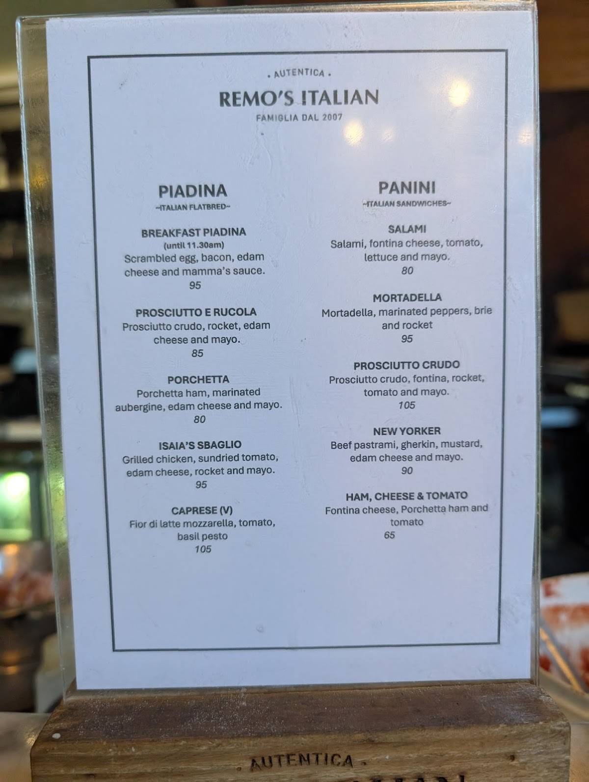 Menu at Remo's Italian restaurant, Port Elizabeth