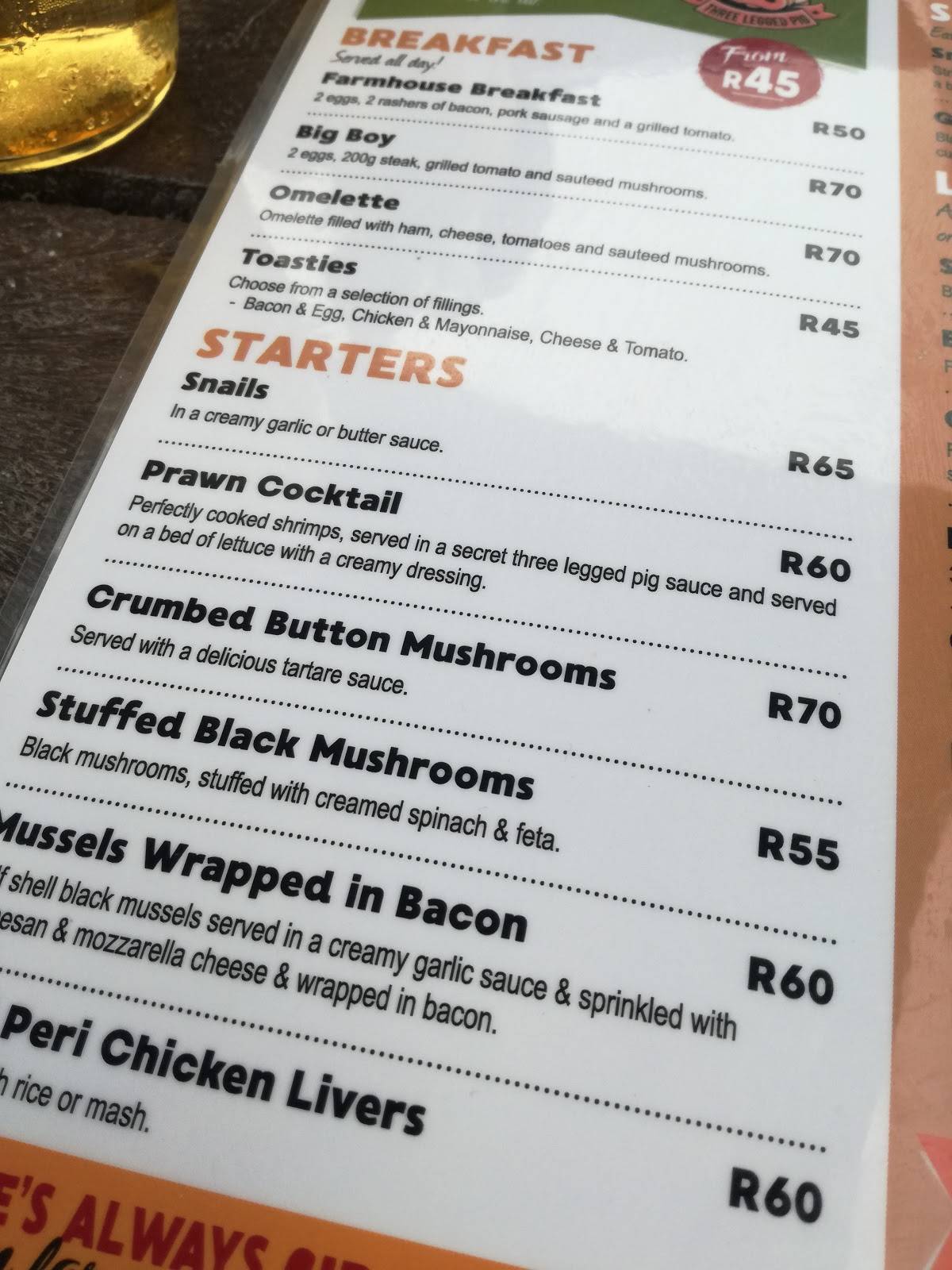 Menu at Three Legged Pig pub & bar, Port Elizabeth