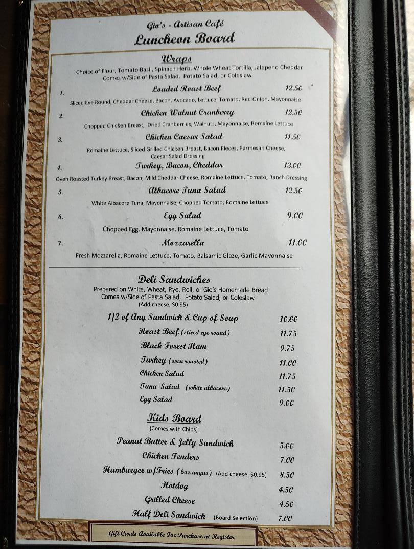 Menu at Gio's Gelato cafe, Port Jervis, 31 Pike St