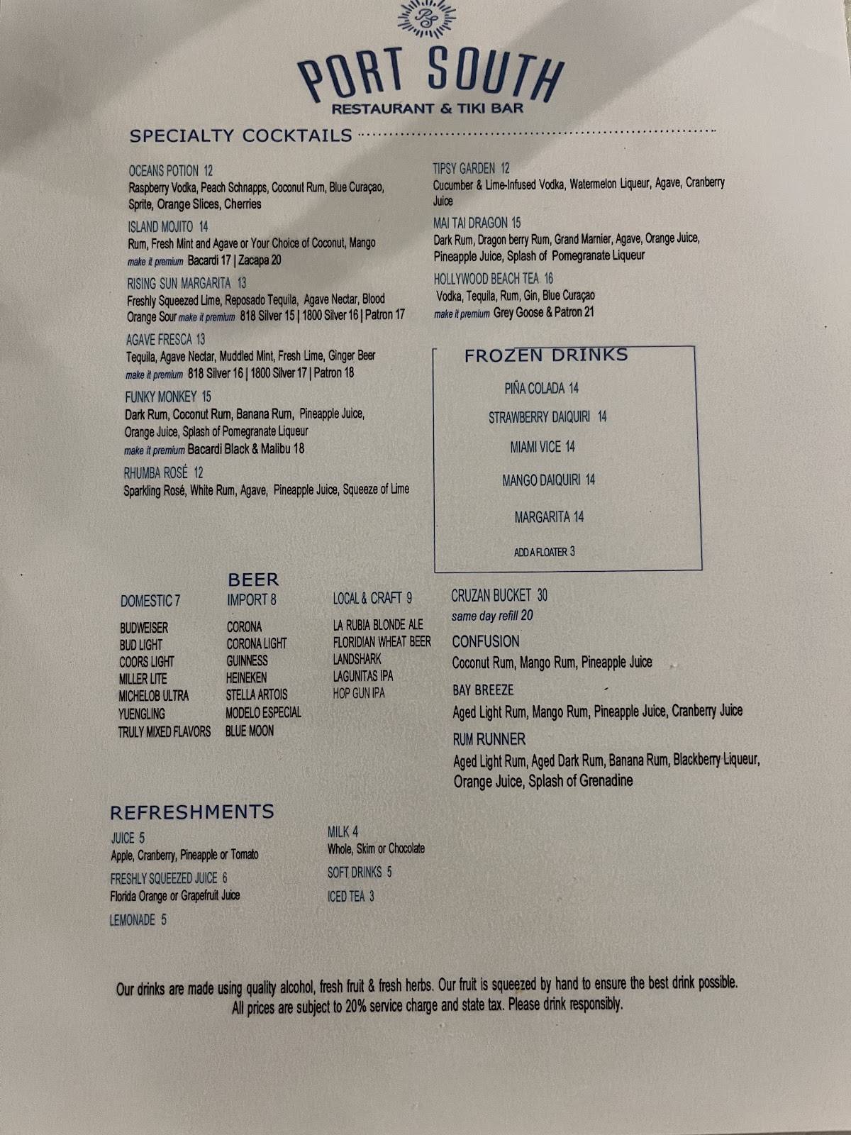Menu at Port South Bar & Grill, Hollywood