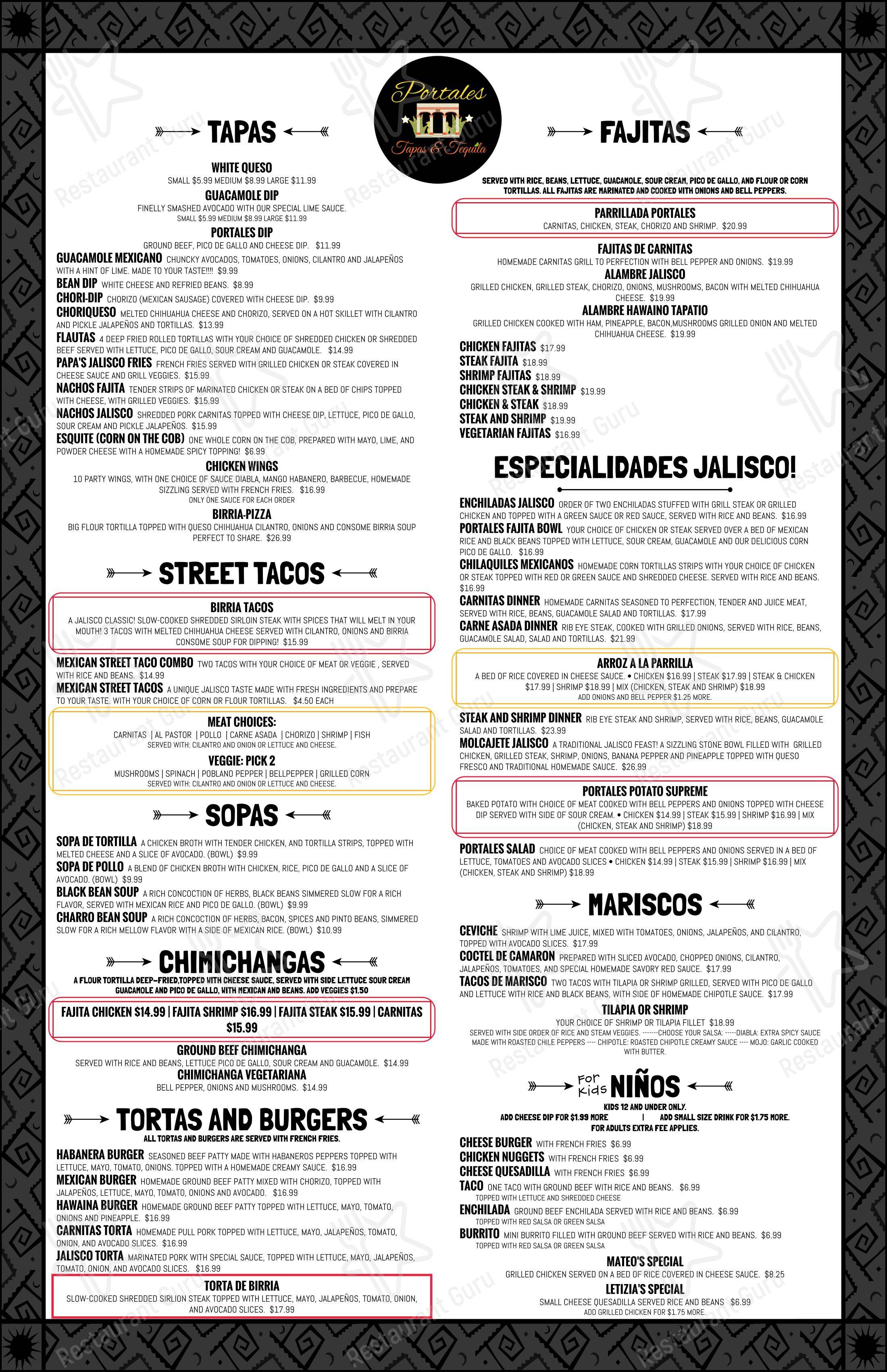 Menu at Portales Mexican Tapas & Tequila pub & bar, Lakeland