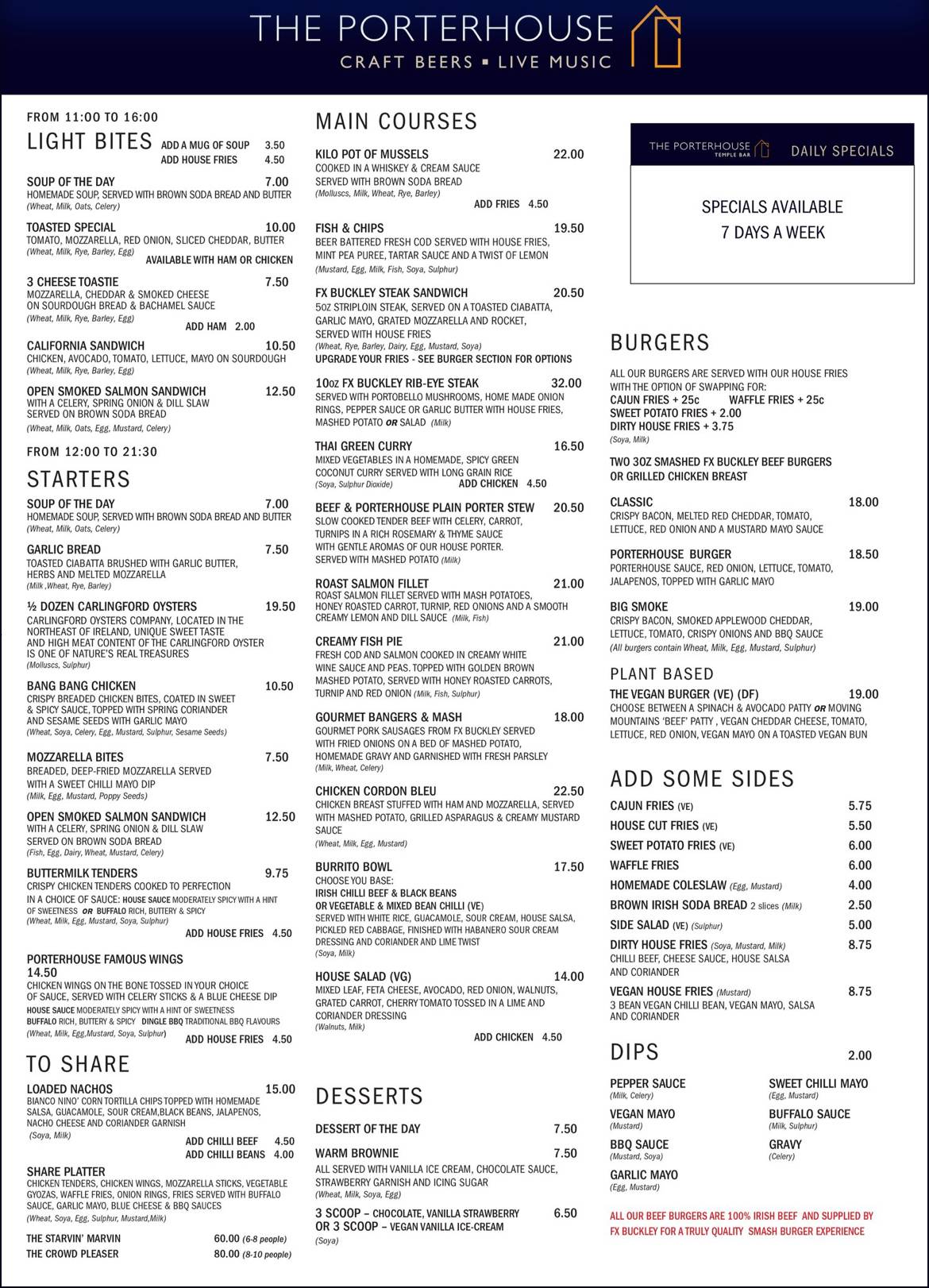 Menu at Porterhouse Parliament Street pub & bar, Dublin, 16-18 ...