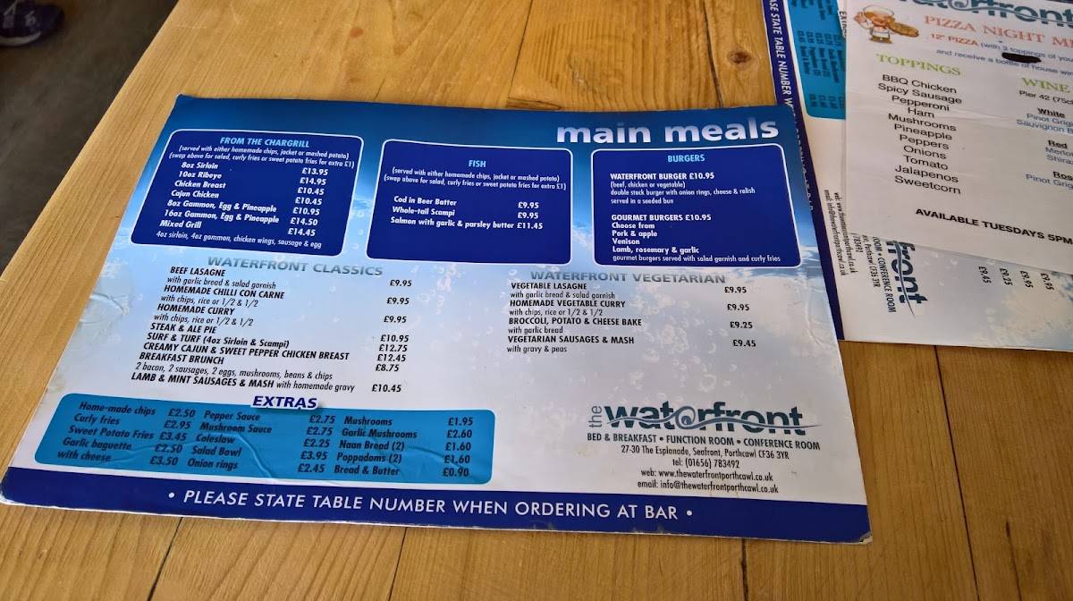 Menu at The Waterfront pub & bar, Porthcawl, 27 Esplanade