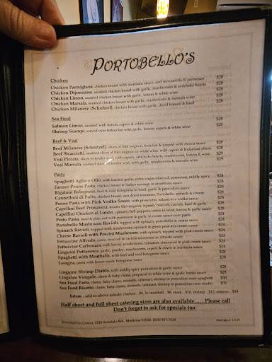 Menu at Portobello's Cuisine restaurant, Glendale