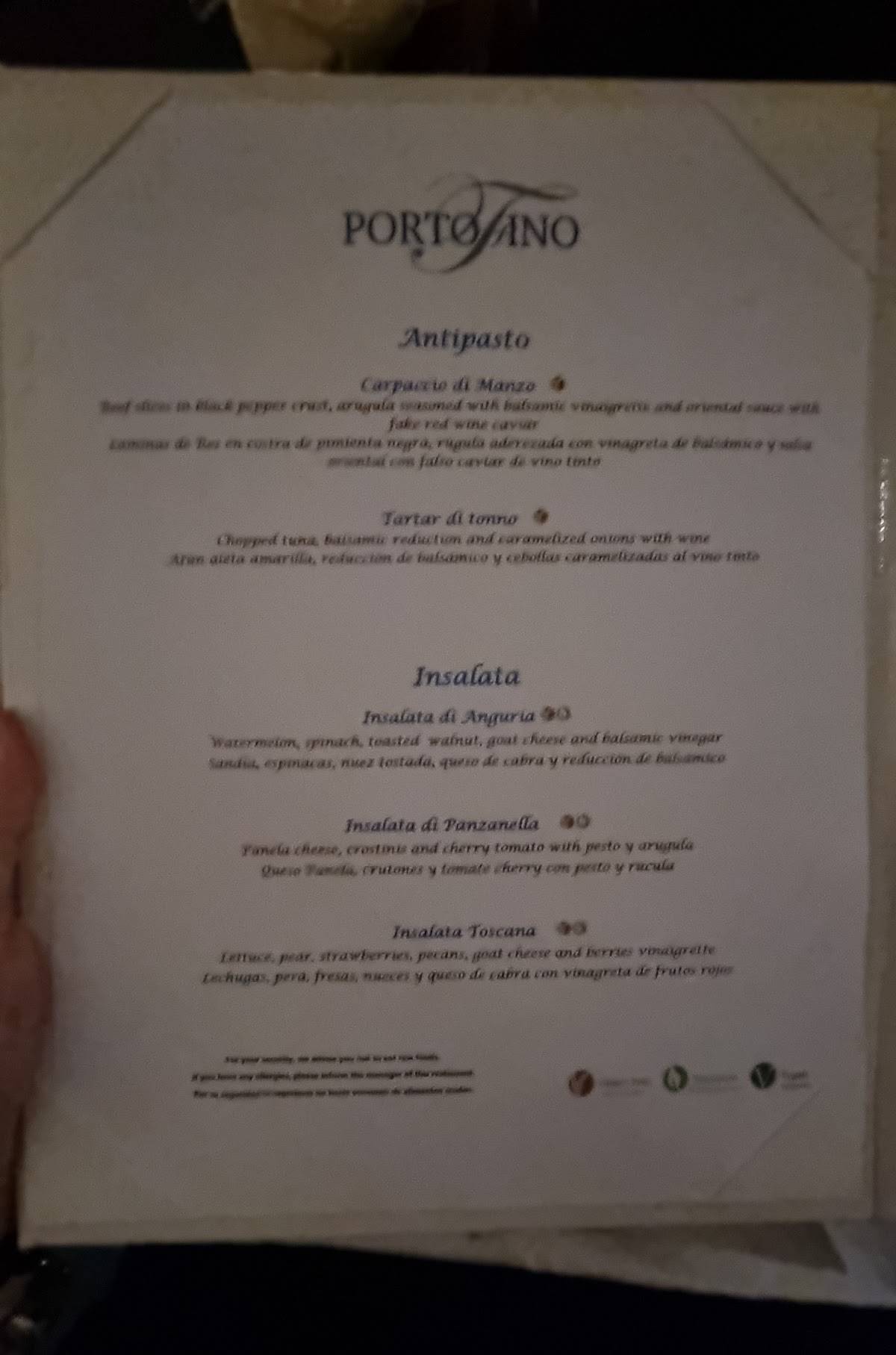 Menu at Portofino restaurant, Acapulco