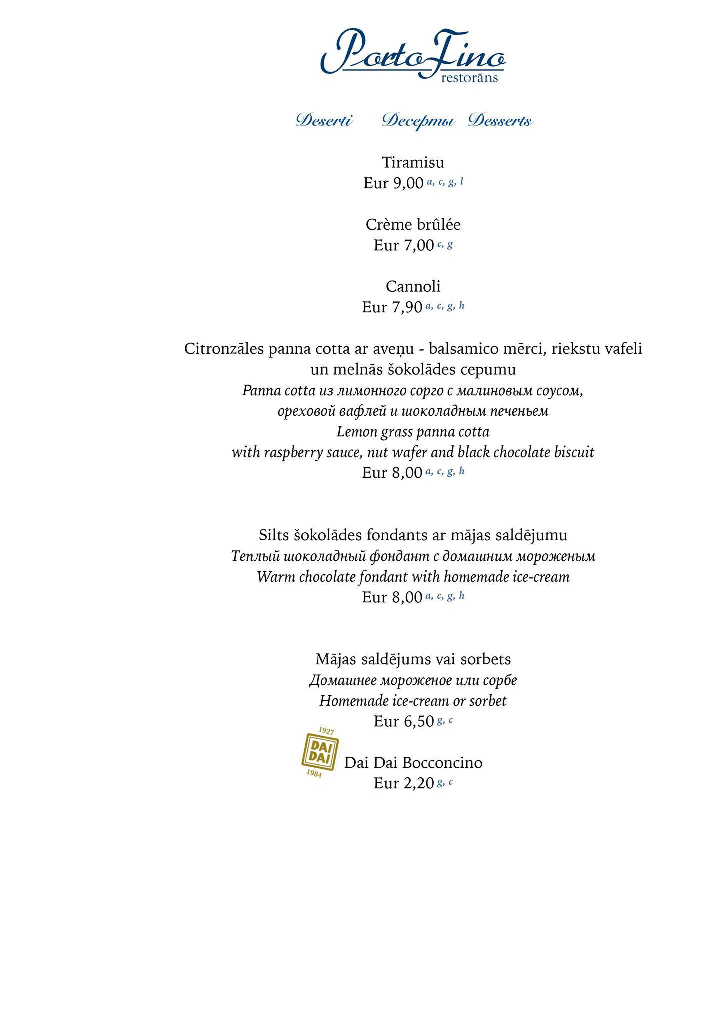 Speisekarte von Portofino restaurant, Riga, Ausekļa iela 7