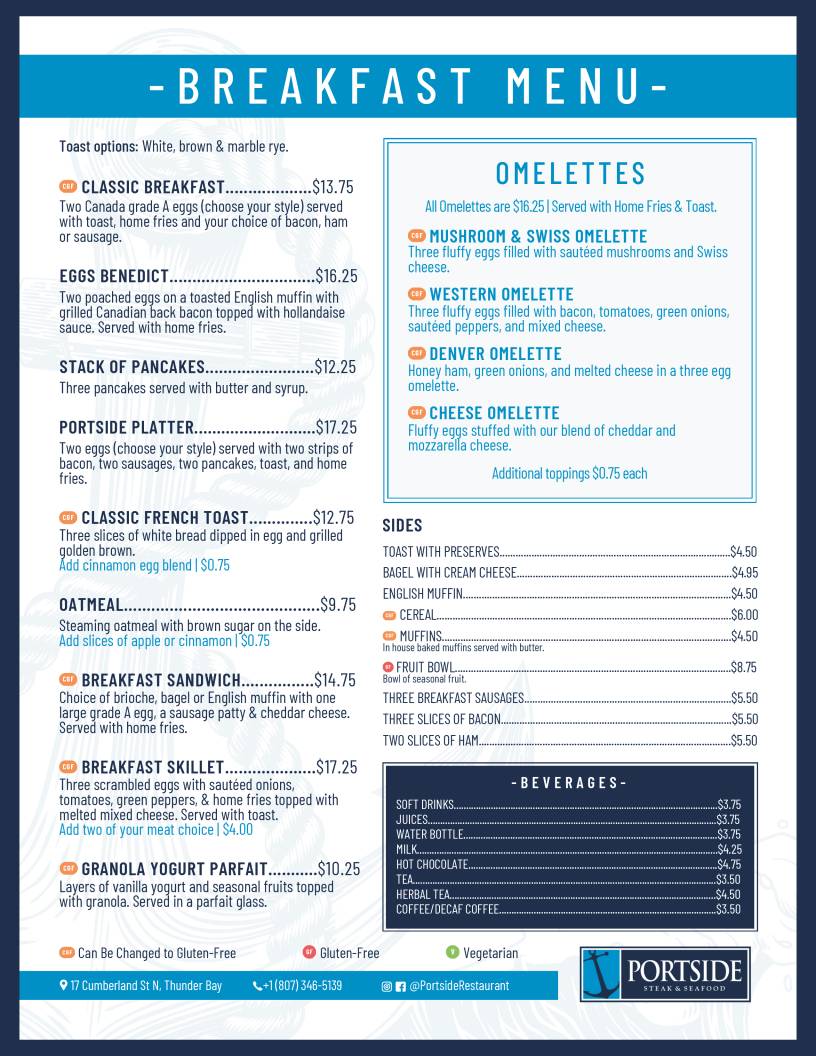 Menu at Portside Steak and Seafood Restaurant, Thunder Bay