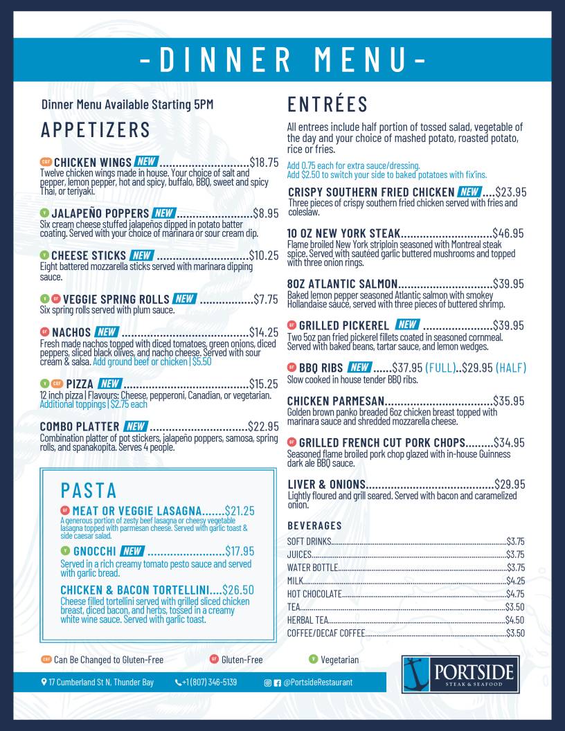 Menu at Portside Steak and Seafood Restaurant, Thunder Bay