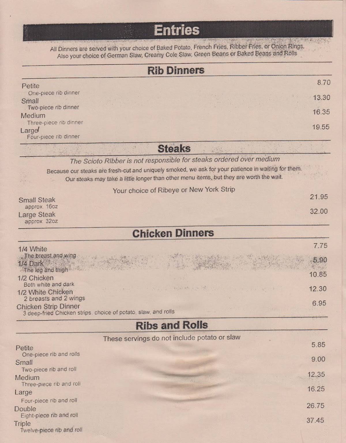 Menu at Scioto Ribber BBQ, Portsmouth