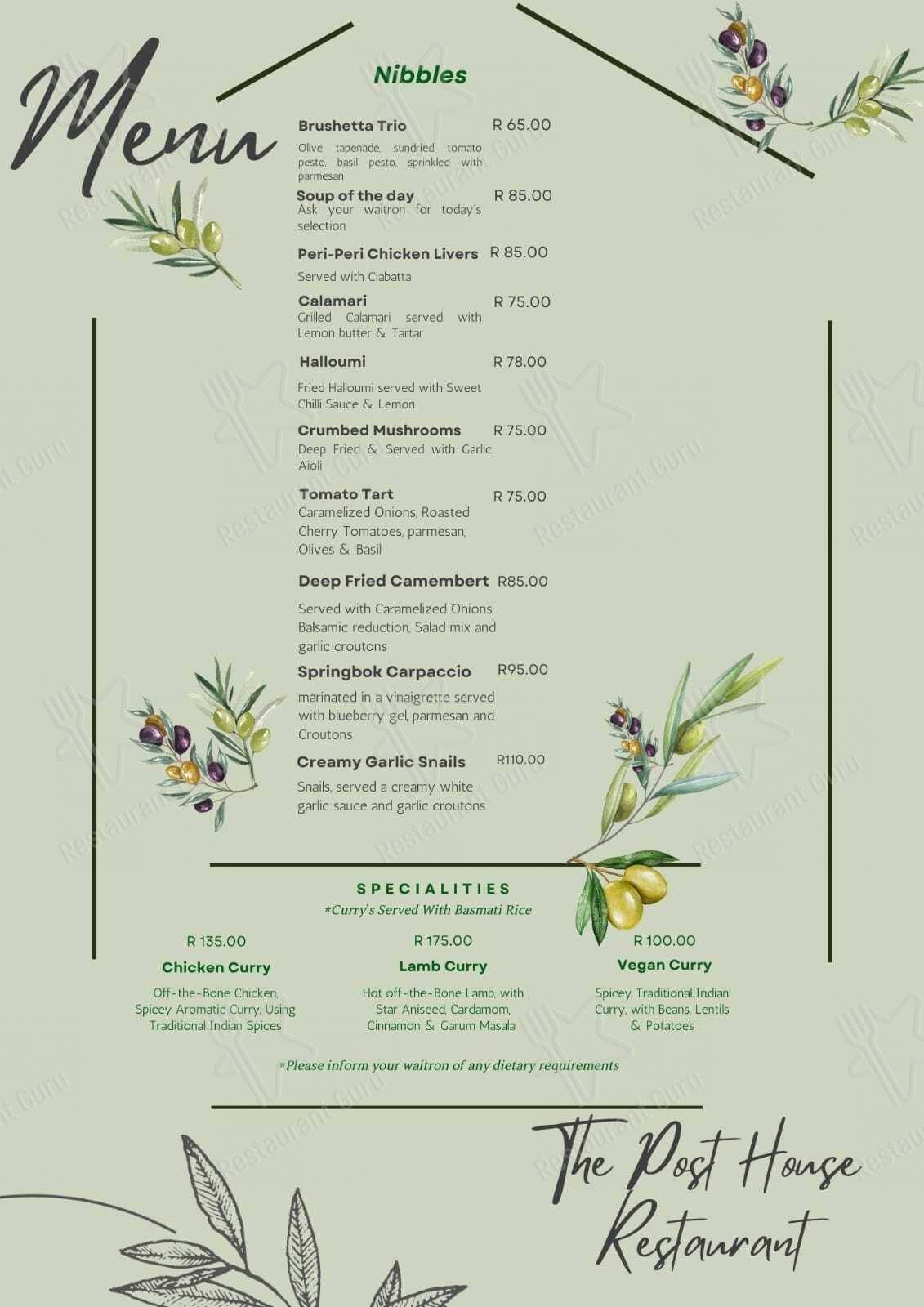 Menu at The Posthouse Restaurant, Clarens