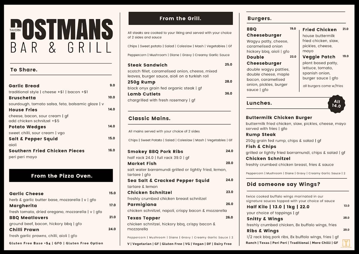 Menu at Postman's Tavern restaurant, Nowra