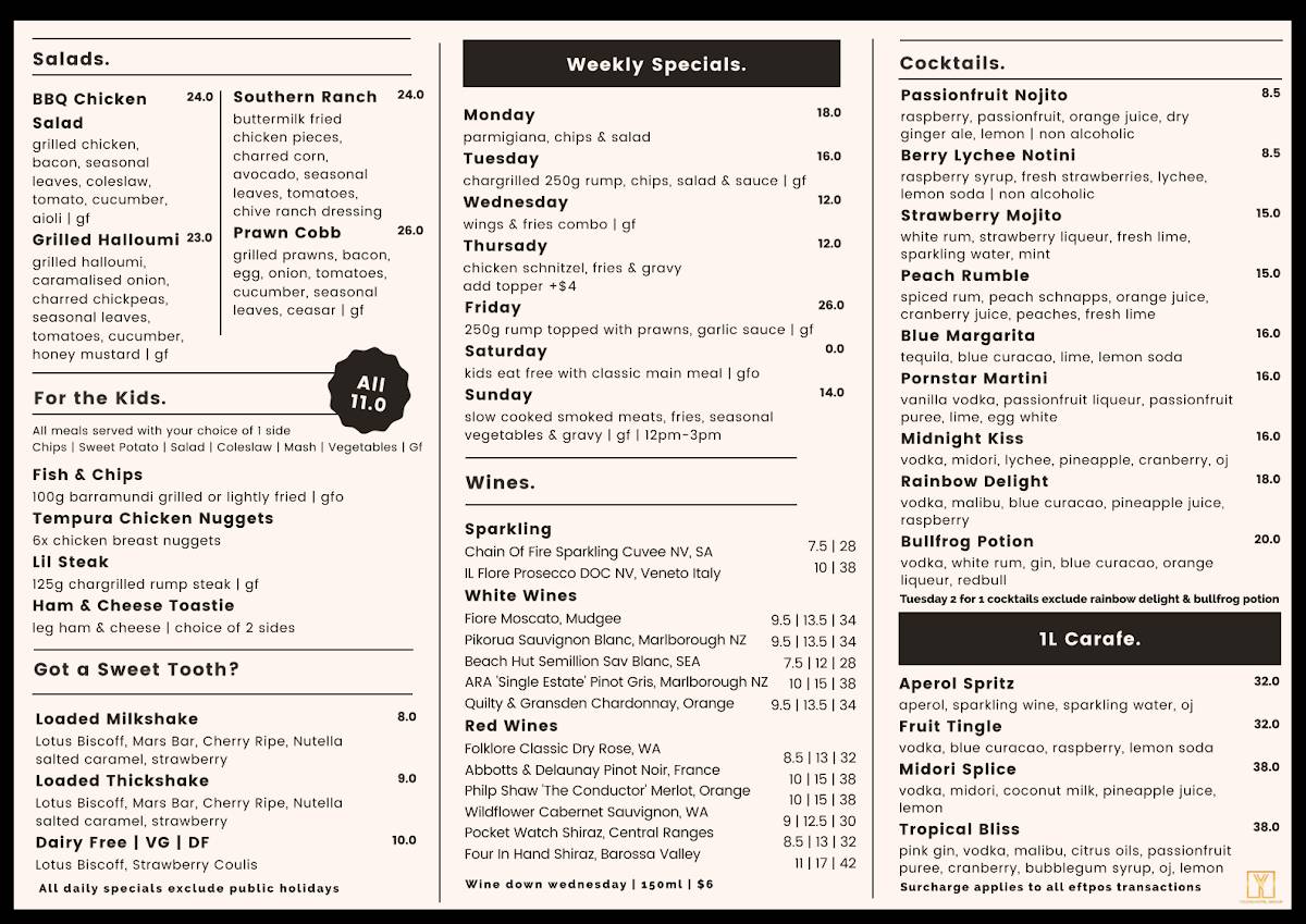 Menu at Postman's Tavern restaurant, Nowra