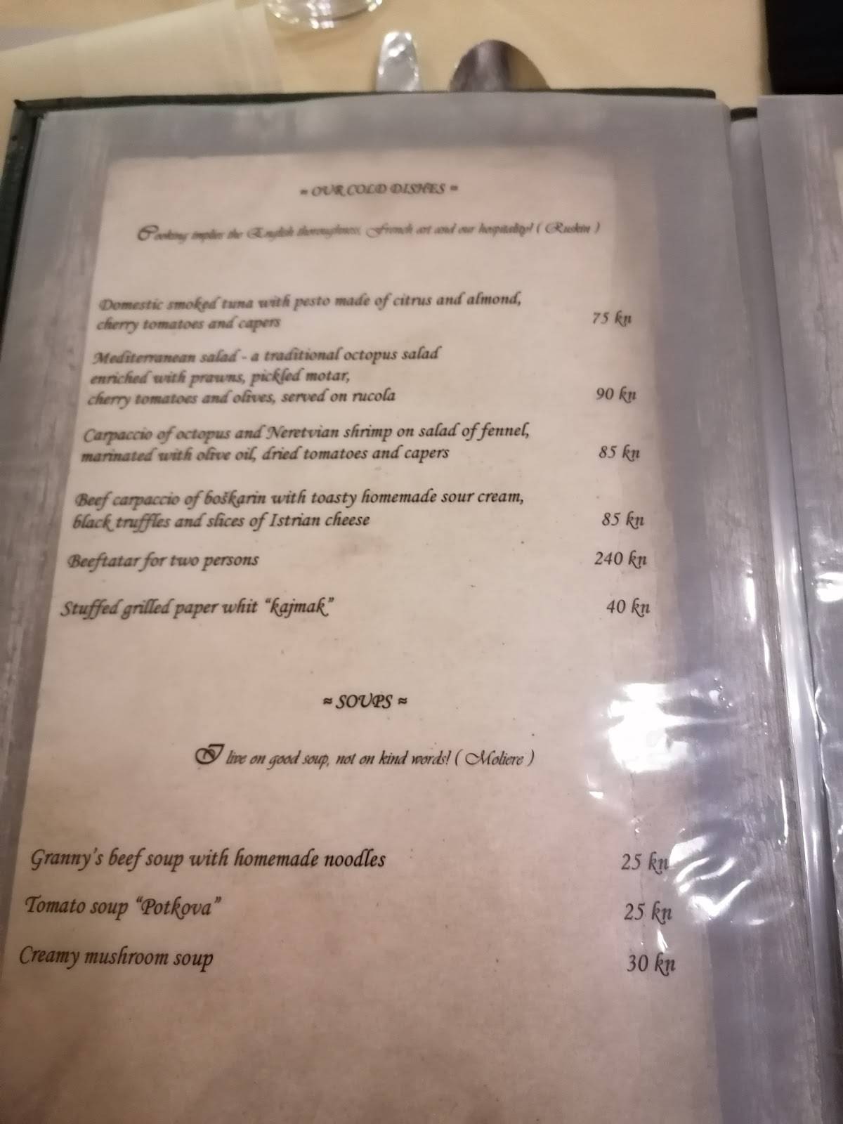 Menu at Potkova restaurant, Zagreb