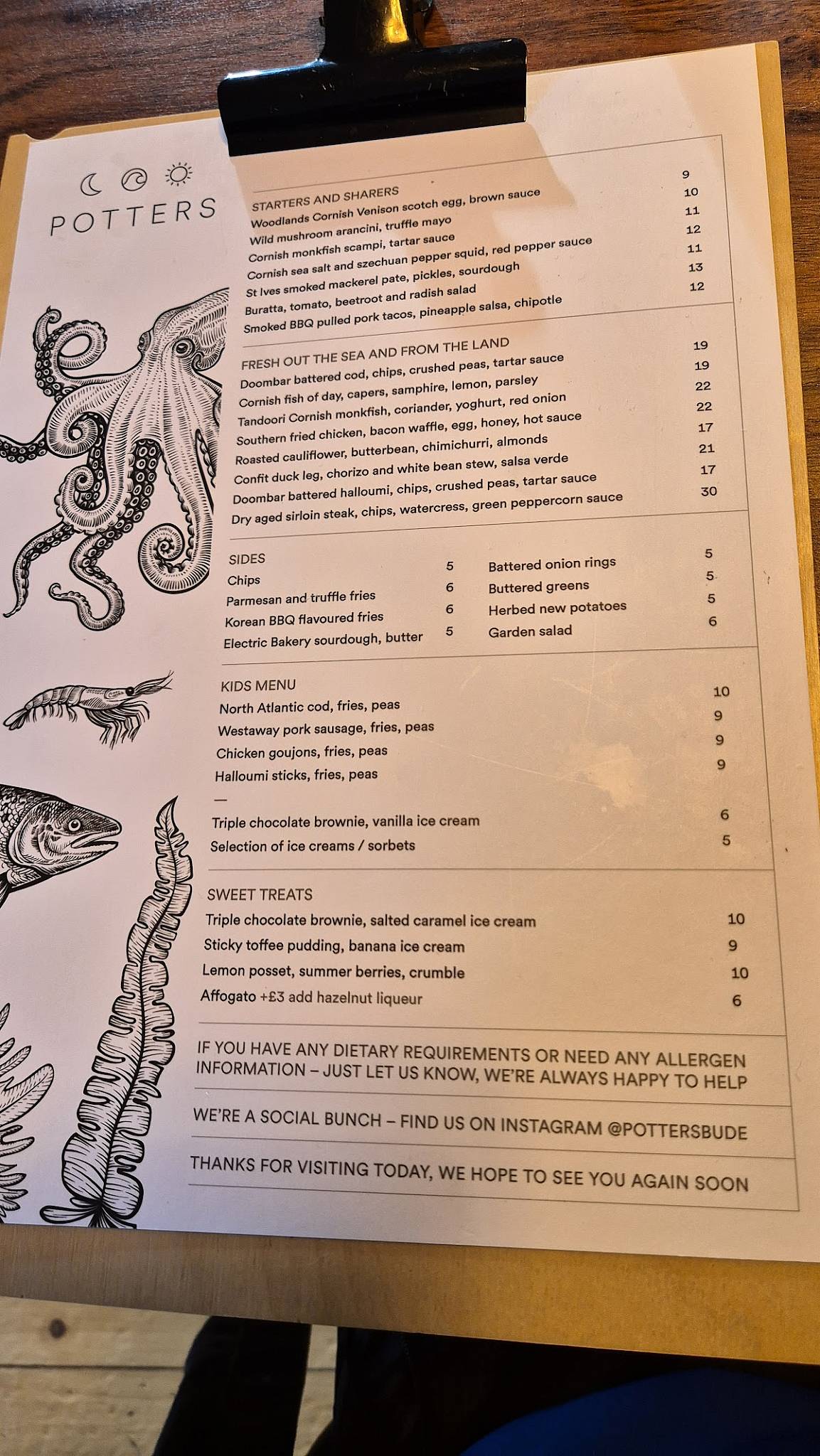 Menu at Potters restaurant, Bude