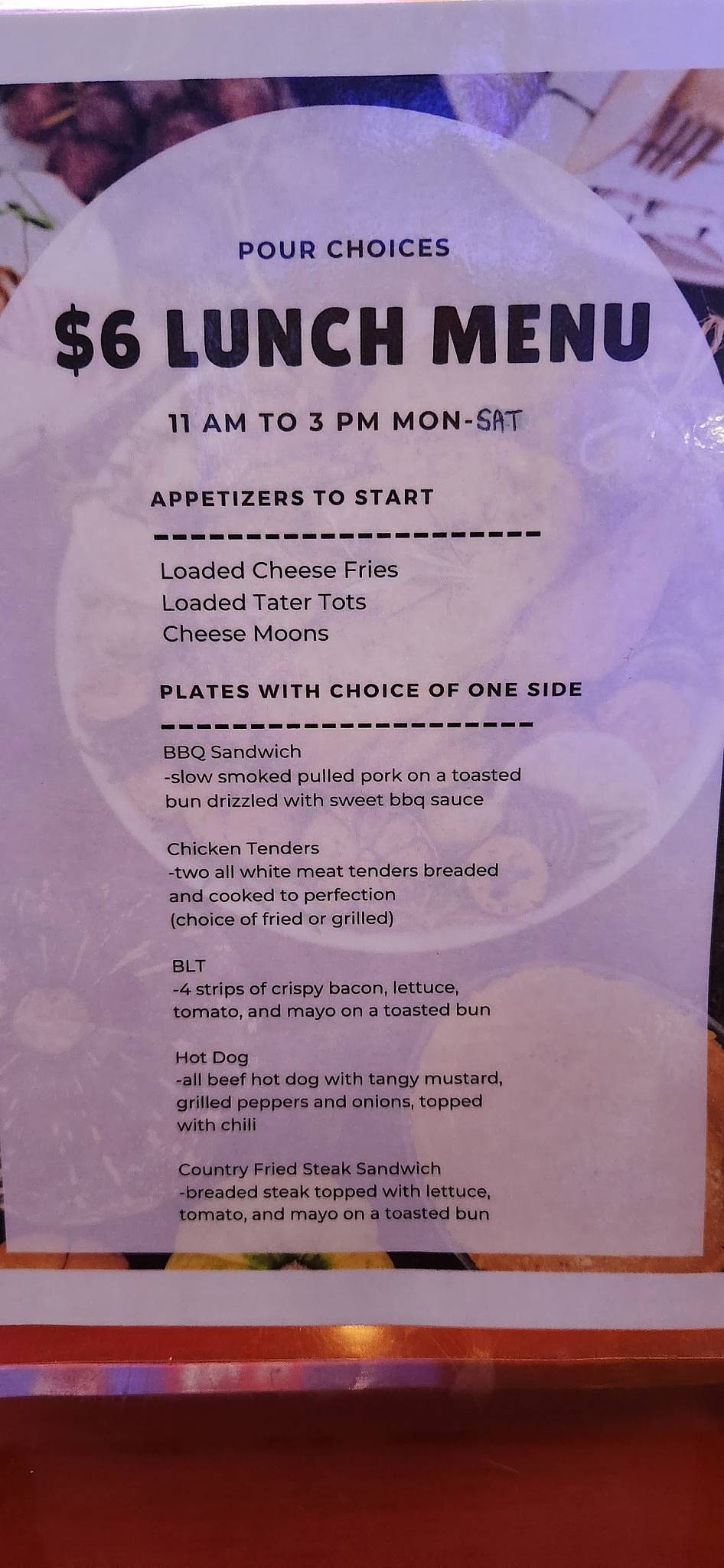 Menu at Pour Choice's Bar & Grill, Woodruff
