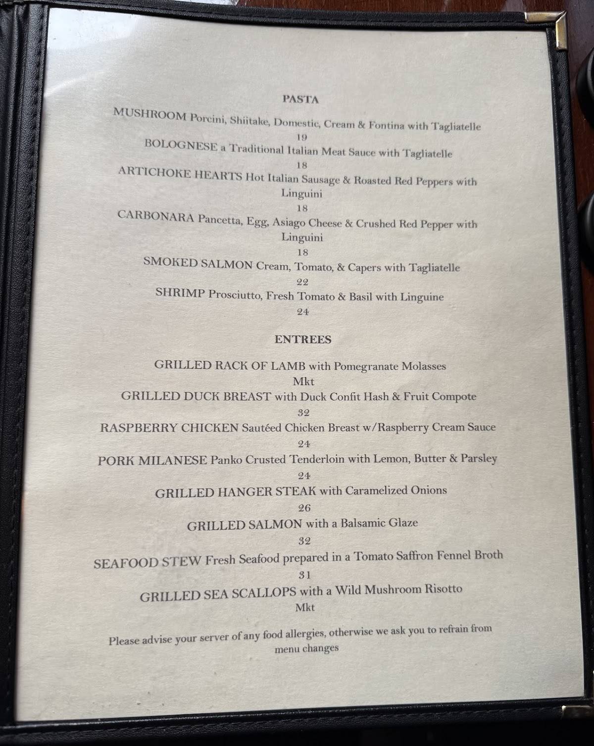 Menu at Press Room restaurant, Shepherdstown